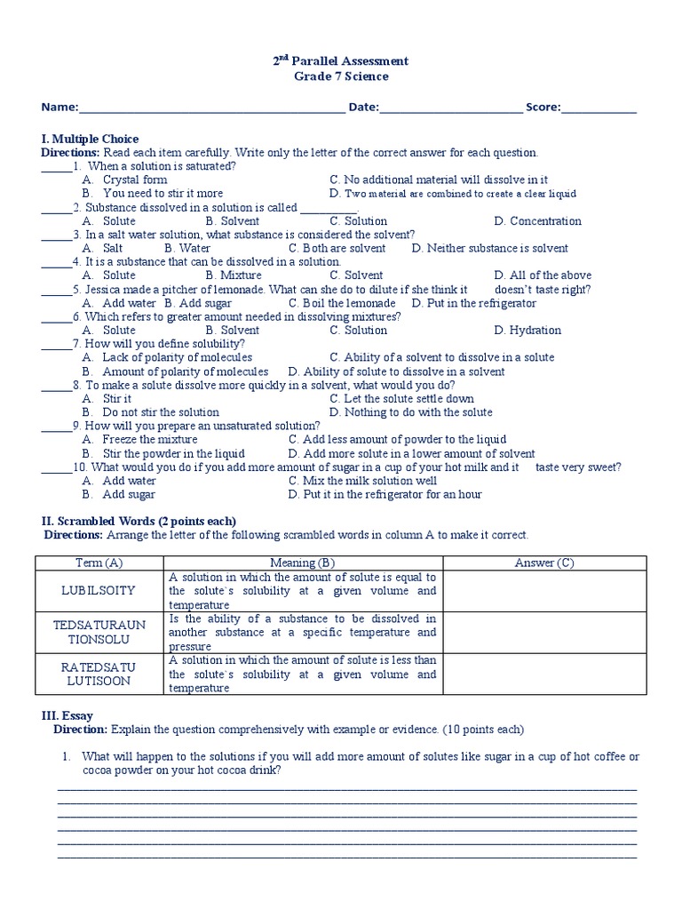 Grade 7 Science Solubility Quiz | PDF | Solution | Solubility