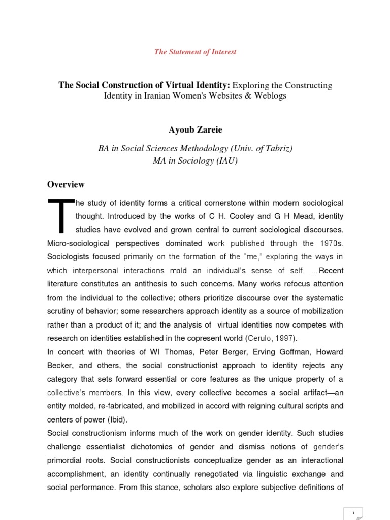 The Social Construction of Virtual Identity: Exploring The Constructing ...