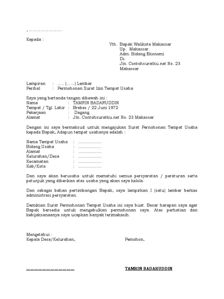 4 Contoh Surat Permohonan Untuk Tempat Usaha File Word | PDF