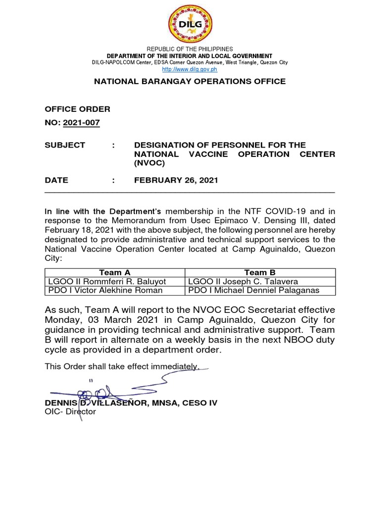 Office Order No. 2021-007 - NVOC | PDF | Finance & Money Management