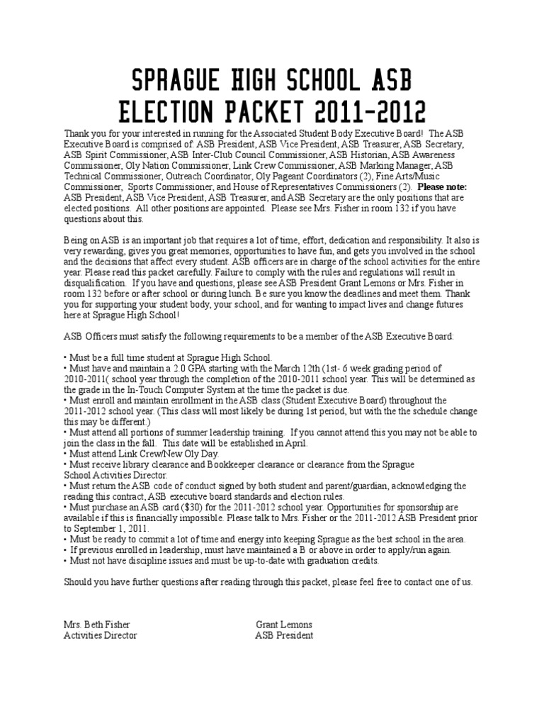 Sprague High School ASB Election Packet 2011-2012 | PDF | Secretary ...