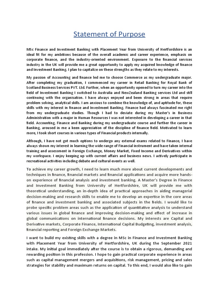 Statement of Purpose | PDF | Investment Banking | Banks