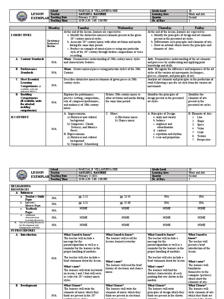 Lesson Exemplar GLR 2020 | PDF | Composers | Learning