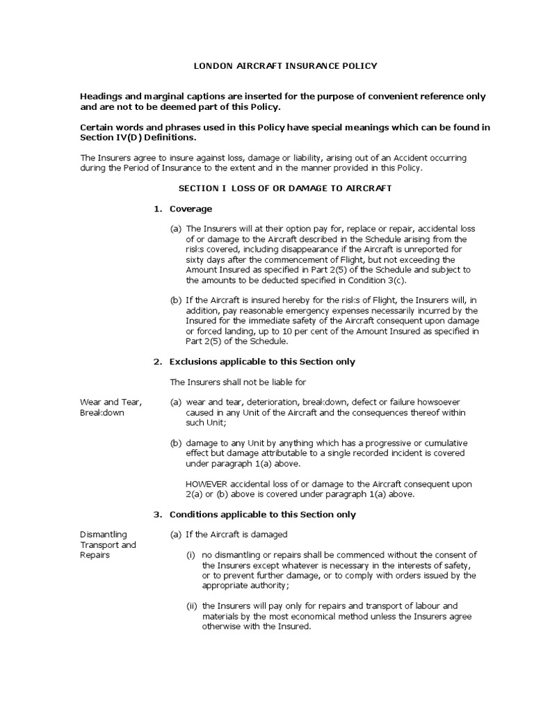 AVN1 C London Aircraft Insurance Policy | PDF | Liability Insurance ...