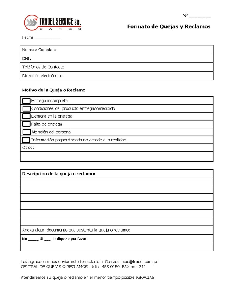 Plantilla De Formulario De Queja Del Cliente