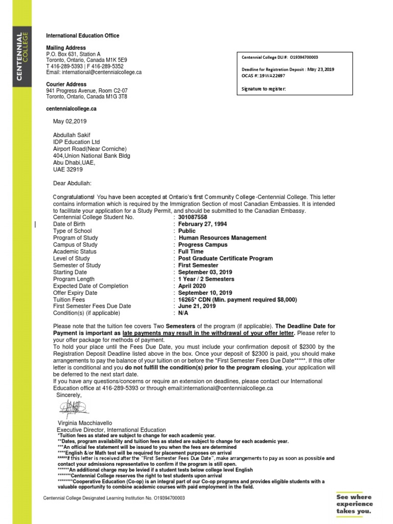 Centennial College Offer | PDF | Fee | Business