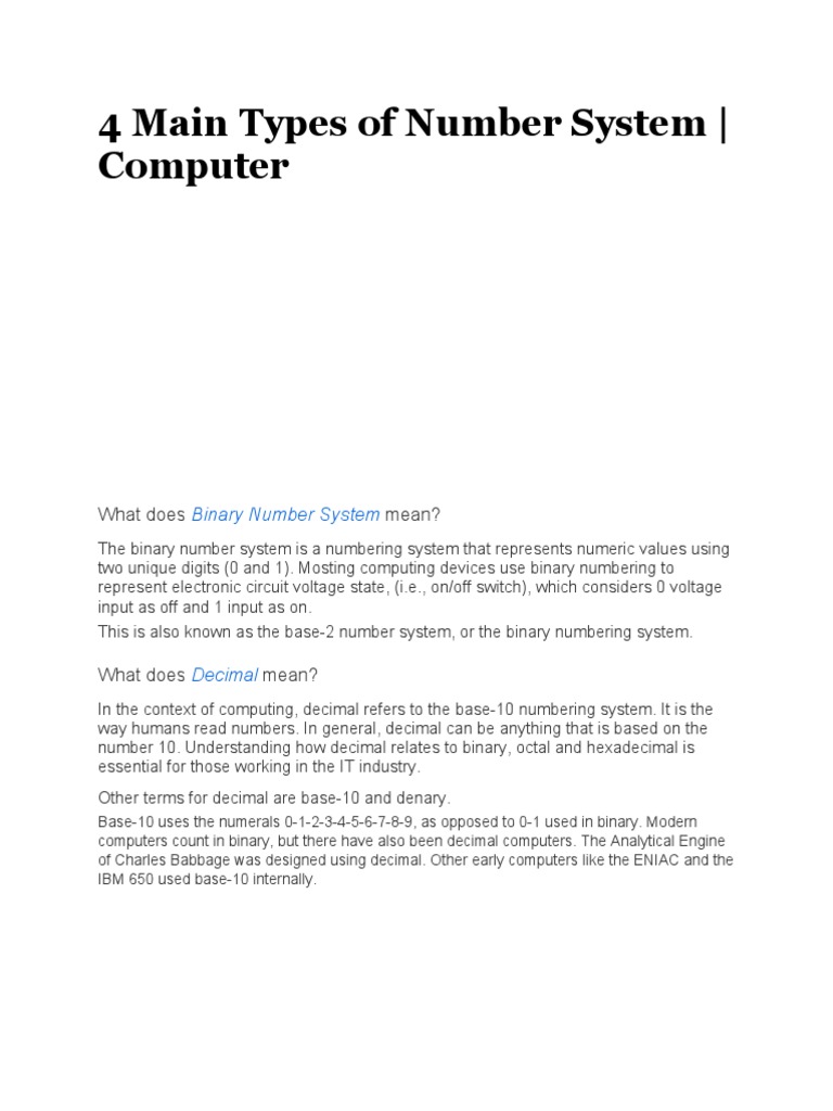 4 Main Types of Number System No System | PDF | Decimal | Bit