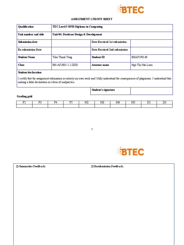 DDD - Assignment 2 Frontsheet 2018 2019 Tùng DZ | PDF | Table (Database) | Relational Database