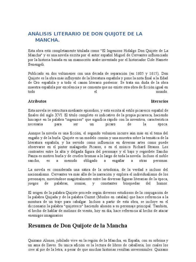 Análisis literario de Don Quijote | PDF | Don Quijote | Miguel De Cervantes