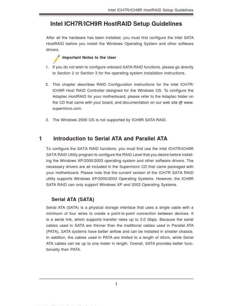 Intel Ich7R/Ich9R Hostraid Setup Guidelines: 1 Introduction To Serial ...