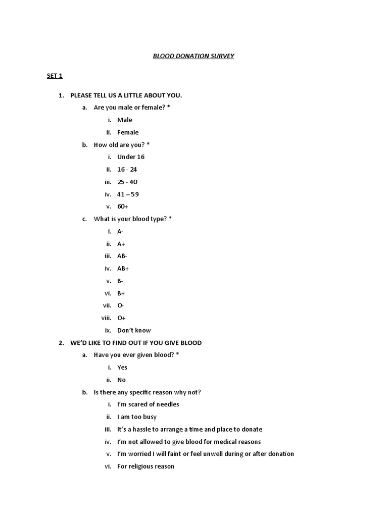 Set 1 1. Please Tell Us A Little About You.: Blood Donation Survey ...