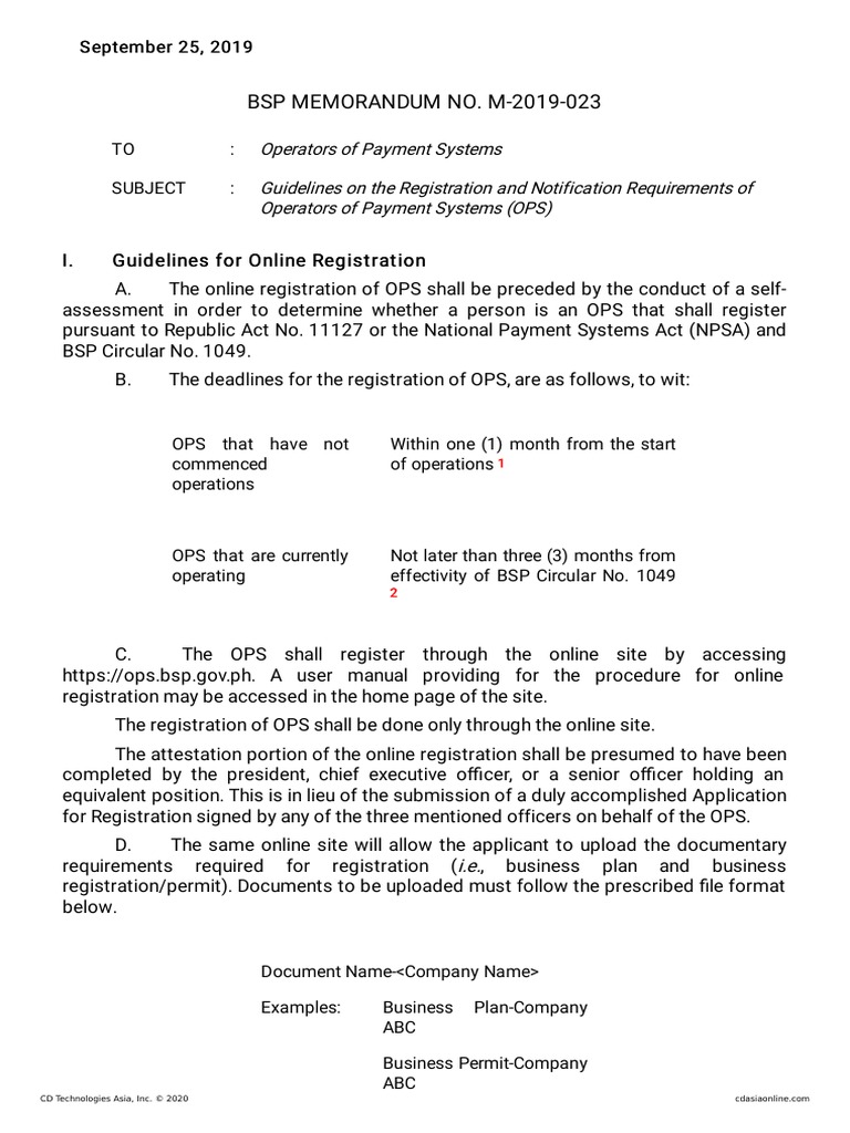 BSP Memorandum No. 2019-023 - OPS Registration and Notification | PDF ...