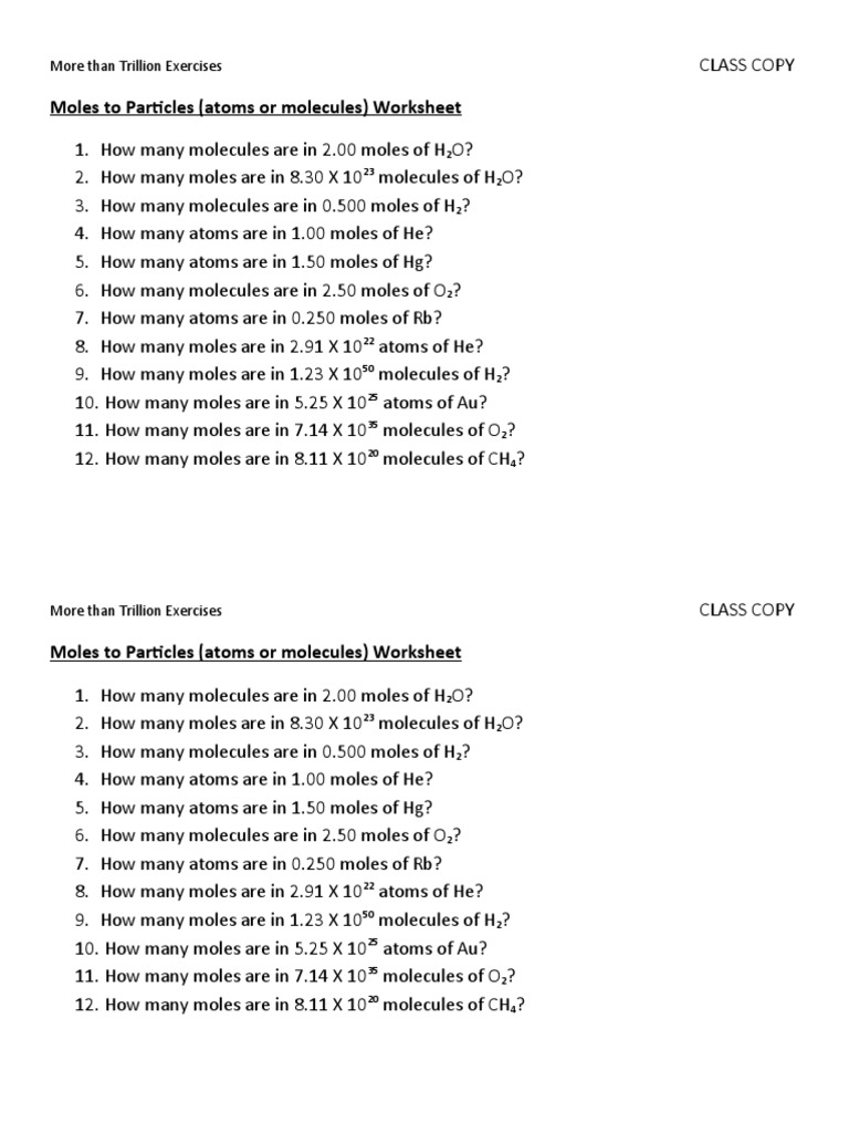 Moles To Particles Worksheet | PDF | Mole (Unit) | Molecular Physics