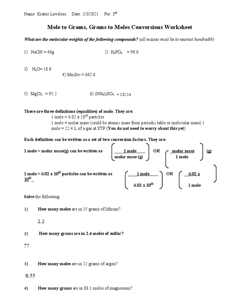 Mole Conversion Worksheet | PDF | Mole (Unit) | Aluminium