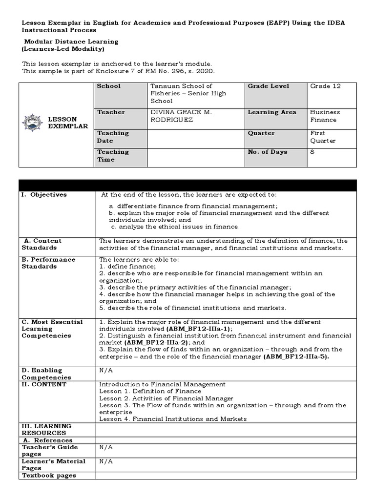 Business Finance Lesson-Exemplar - Module 1 | PDF | Securities (Finance ...