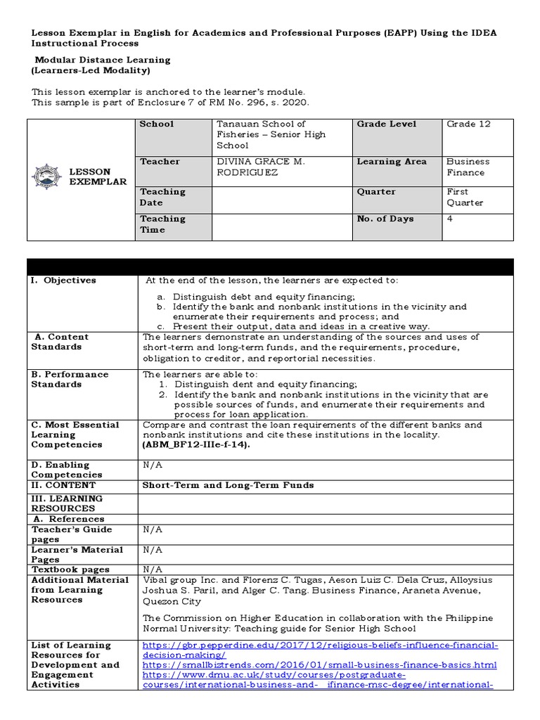 Business Finance Lesson-Exemplar - Module 3 | PDF | Debt | Equity (Finance)