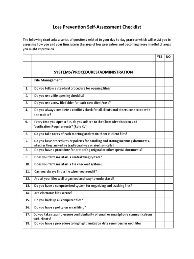 Loss Prevention Self-Assessment Checklist: Systems/Procedures ...