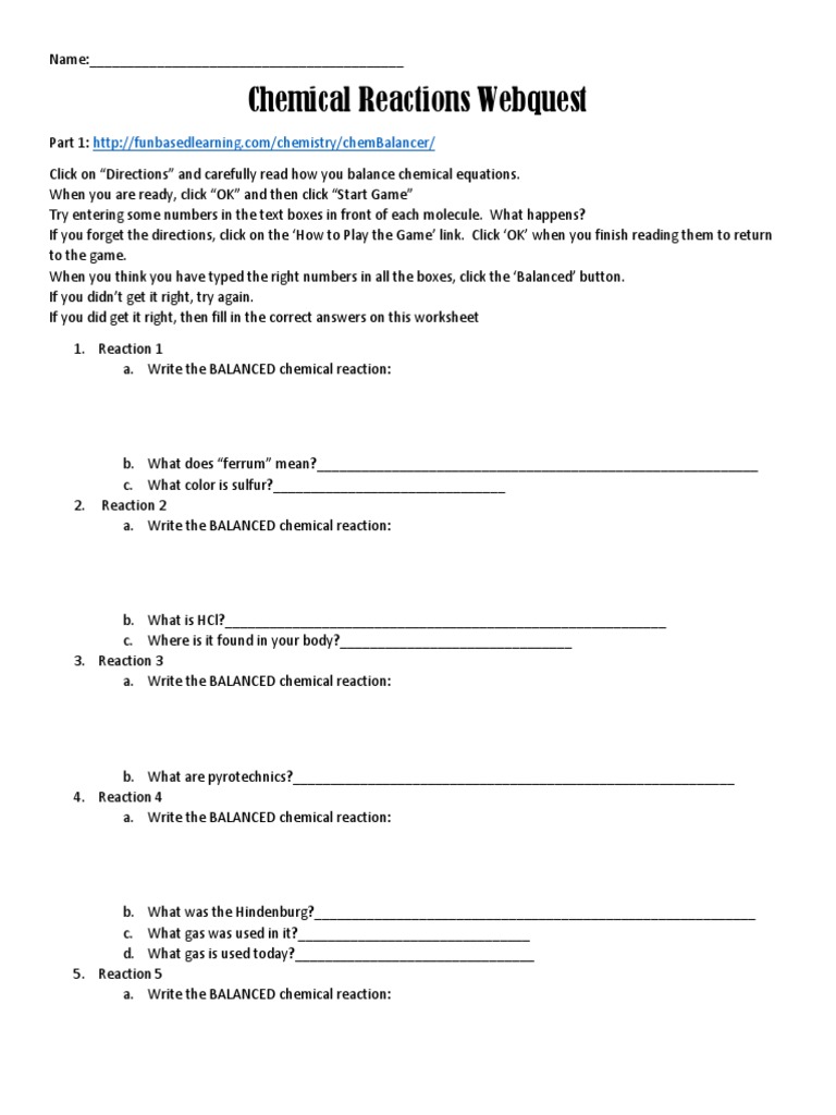 Balancing Chemical Reactions Webquest | PDF | Chemical Reactions ...