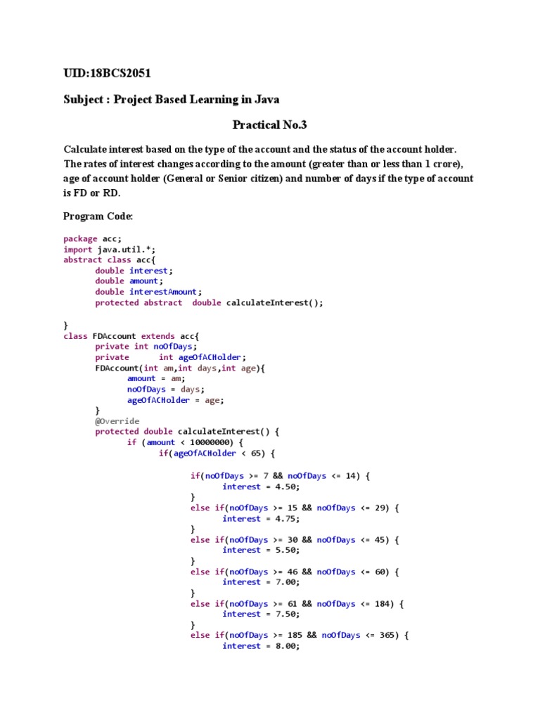 UID:18BCS2051 Subject: Project Based Learning in Java Practical No.3 | PDF | Computer ...