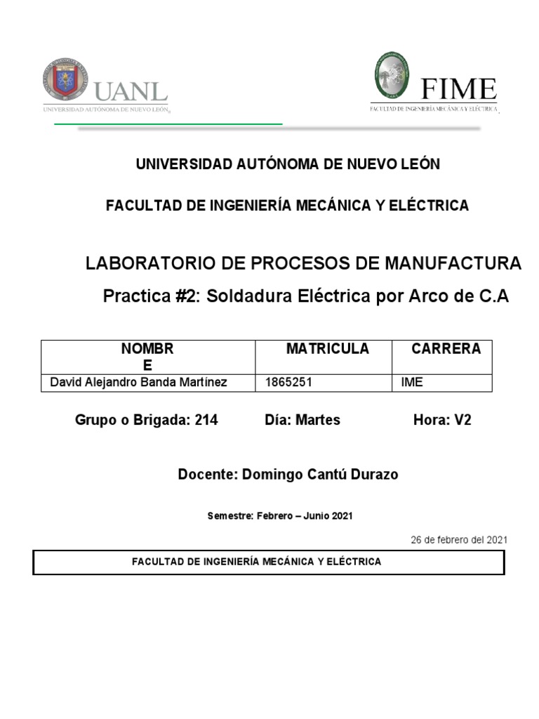 Practica 2 Procesos de Manufactura | PDF | Arco eléctrico | Soldadura