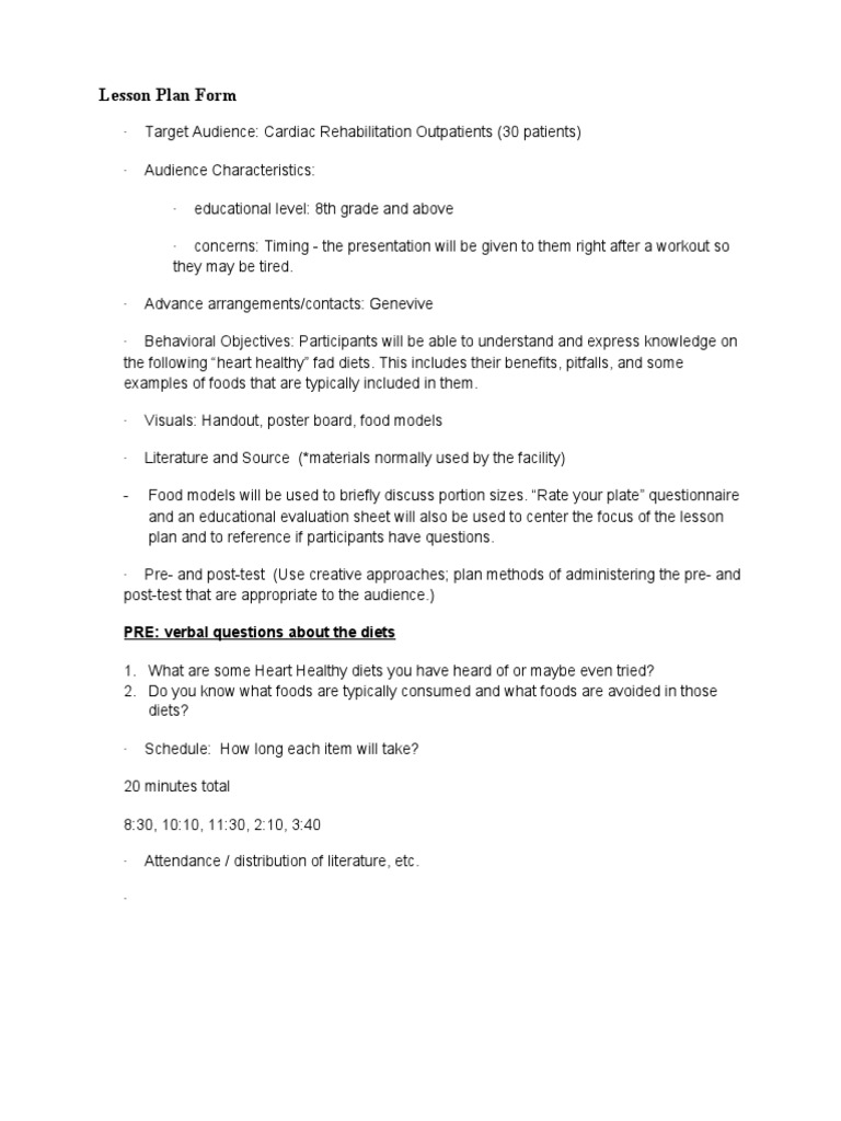 Lesson Plan Form Cardiac | PDF | Whole Grain | Meat
