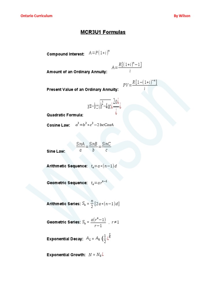 MCR3U Final Exam Formula Sheet3 | PDF