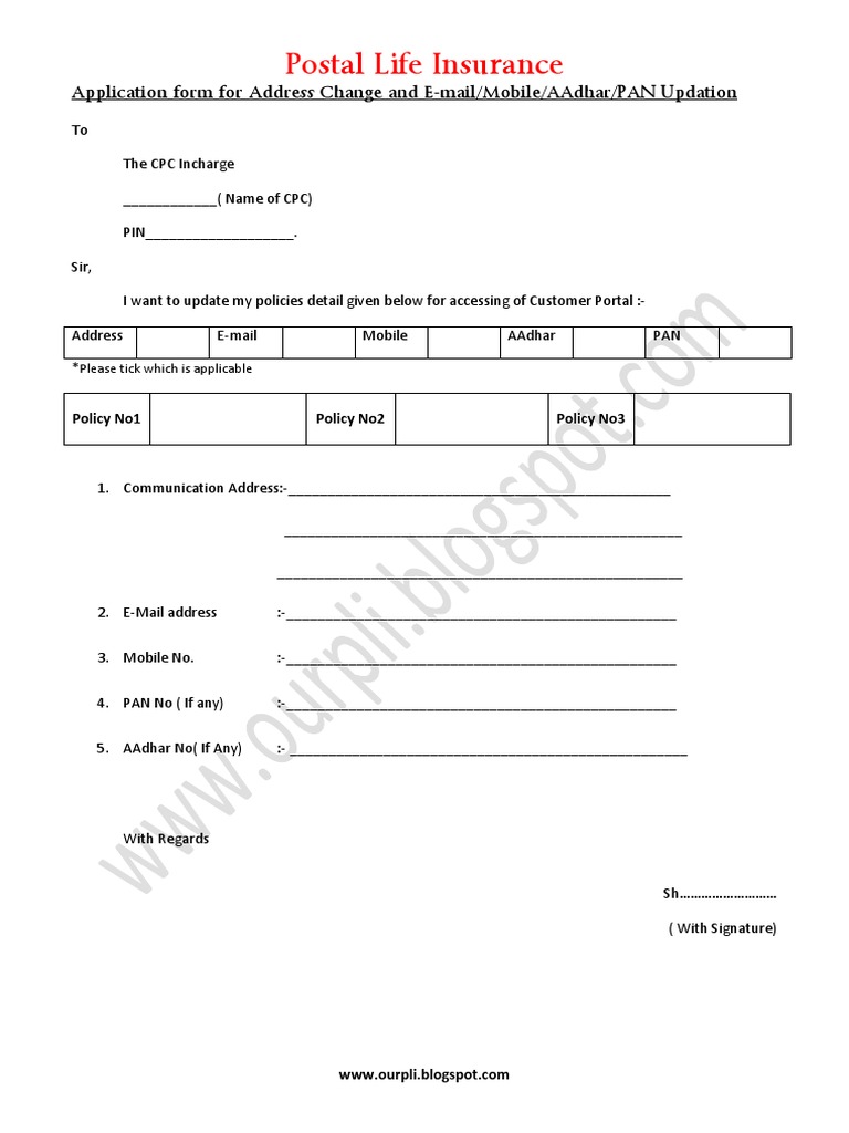 Postal Life Insurance: Application Form For Address Change and E-Mail ...