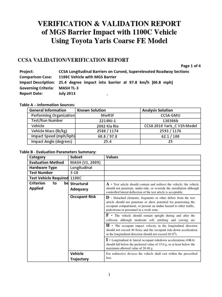 Verification Validation Report Yaris Coarse Mgs Barrier | PDF | Flight ...