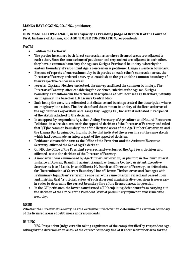 Boundary Dispute: Lianga Bay vs. Ago Timber | PDF | Jurisdiction ...