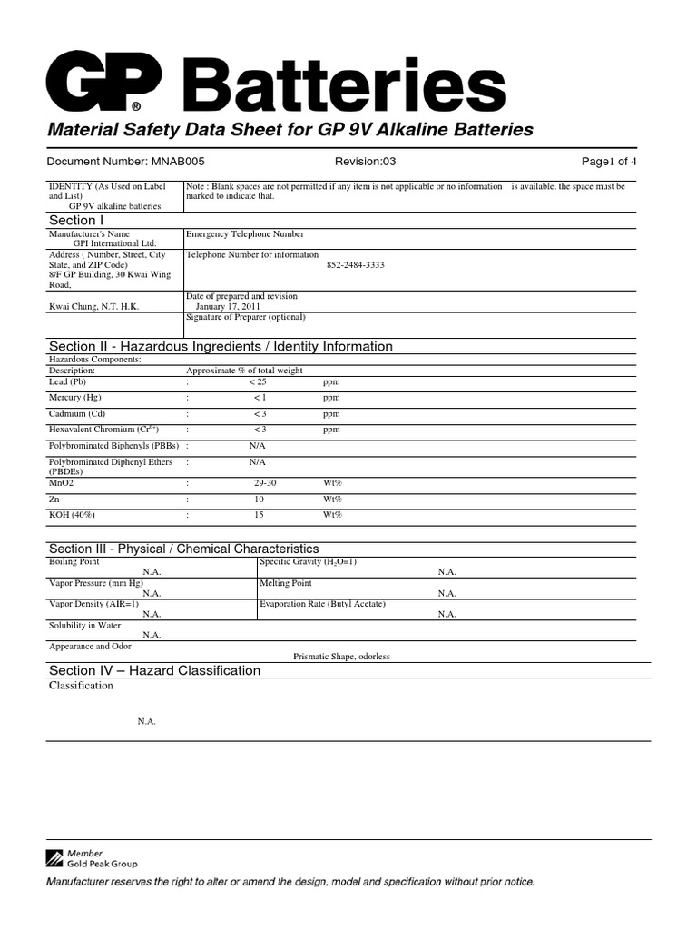 Material Safety Data Sheet for GP 9V Alkaline Batteries | PDF