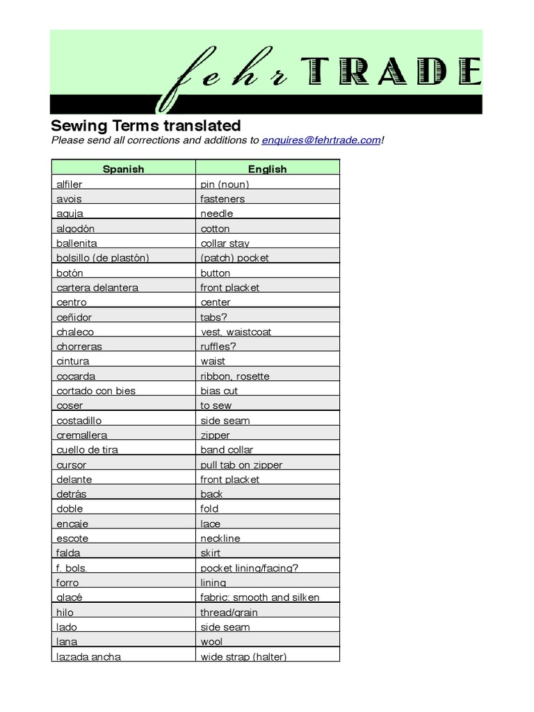 Spanish Sewing Terms for Seamstresses | PDF