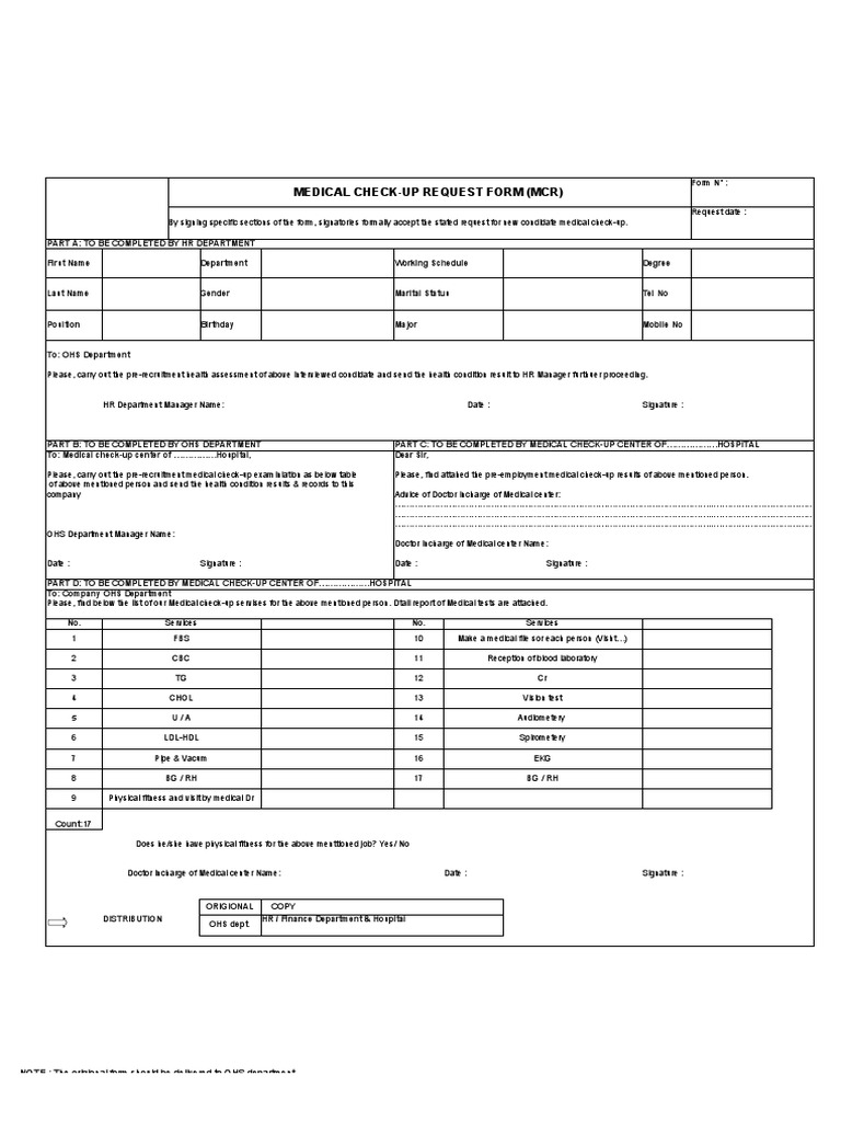 Medical Check-Up Request Form (MCR) | PDF | Physical Examination ...