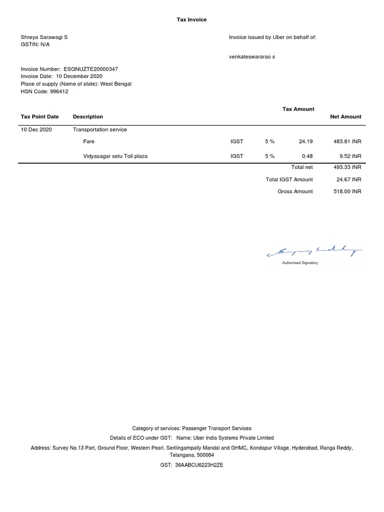 Uber India Tax Invoice Format | PDF