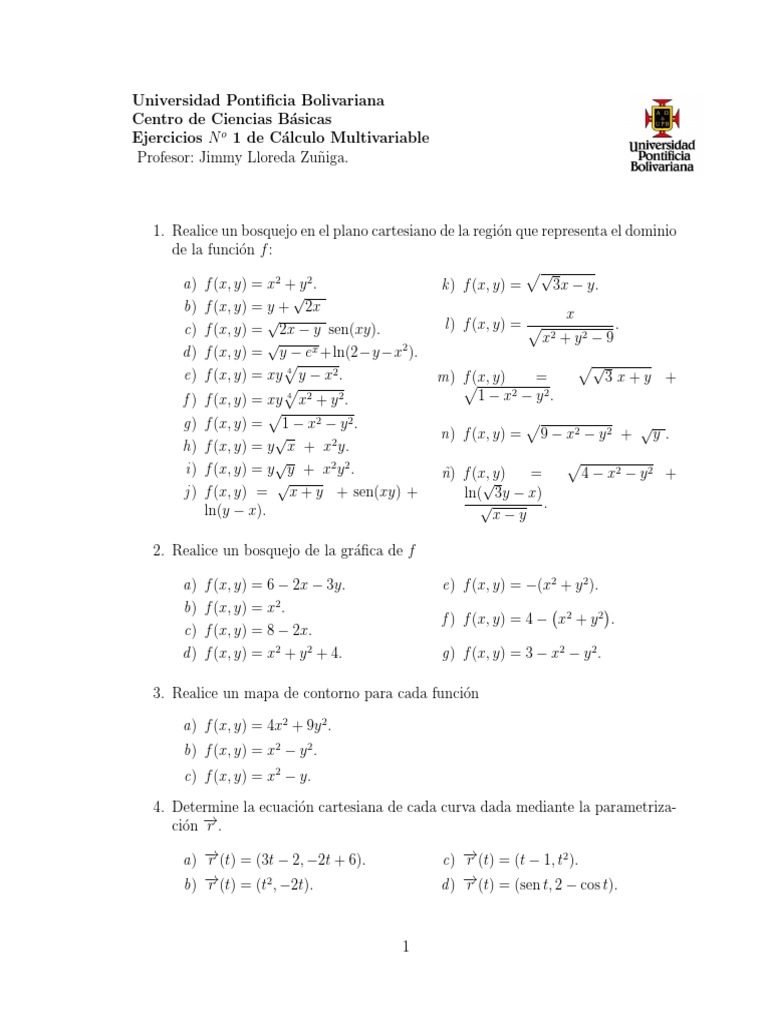 Ejercicios #1 - Funciones Multivariables-Cal Multivariable-UPB ...