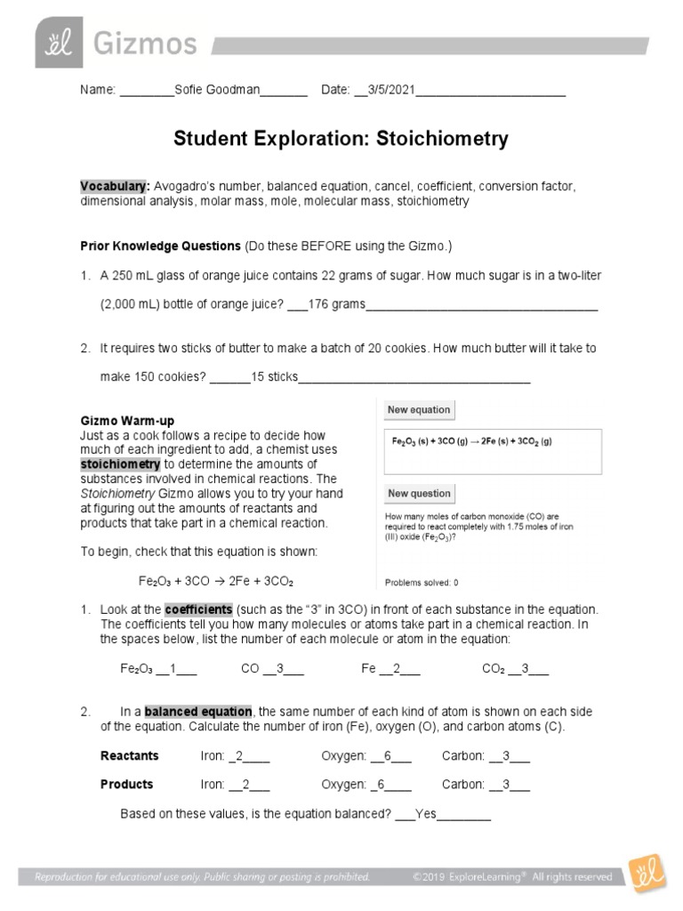 Student Exploration: Stoichiometry | PDF | Mole (Unit) | Stoichiometry
