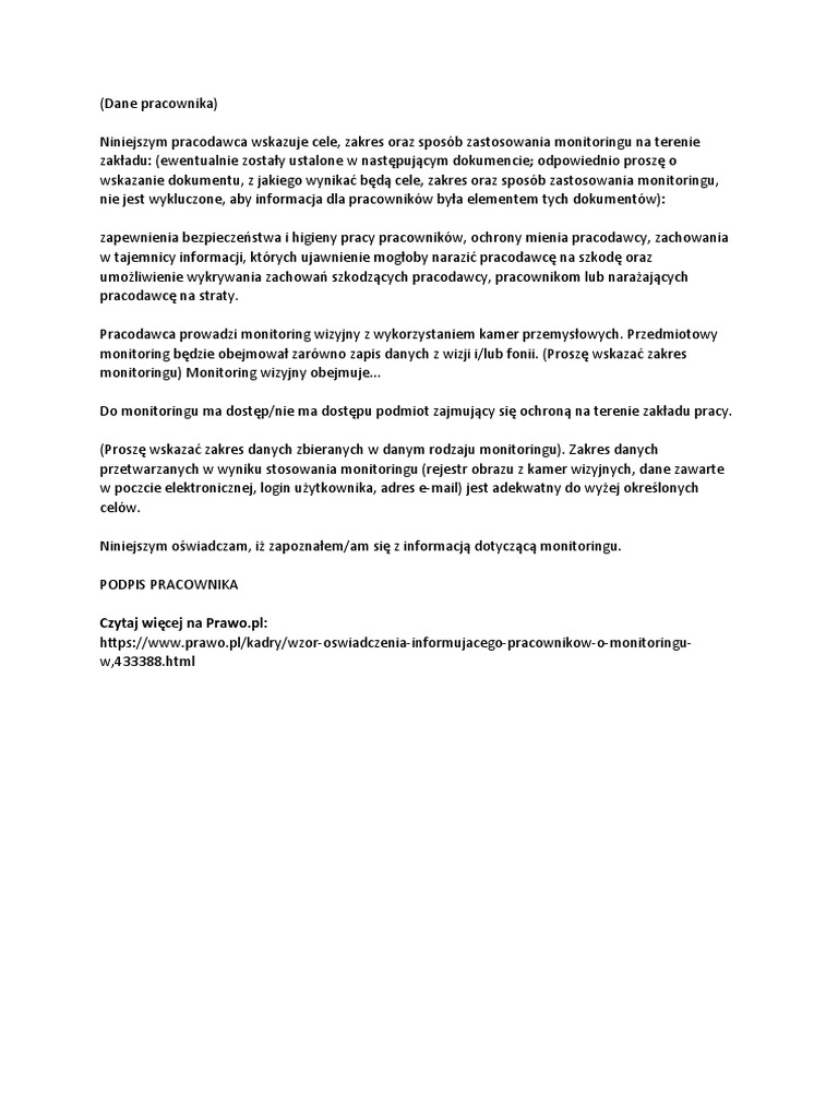 Informacja Dla Pracowników o Monitoringu | PDF