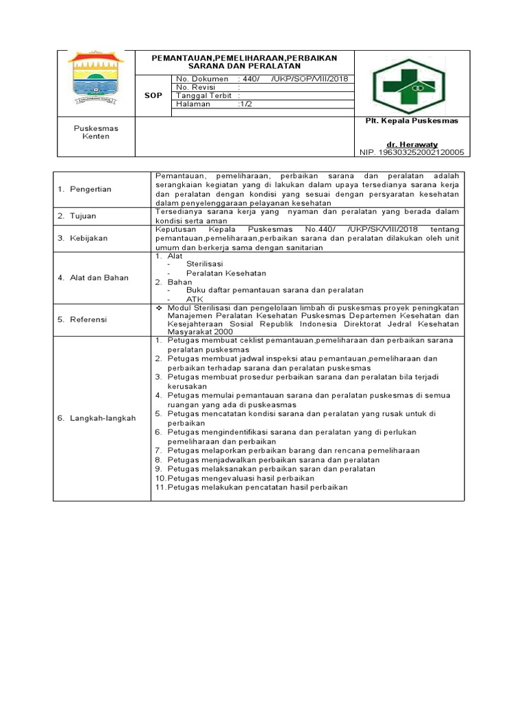 Sop Pemantauan, Pemeliharaan, Perbaikan Sarana Dan Peralatan | PDF