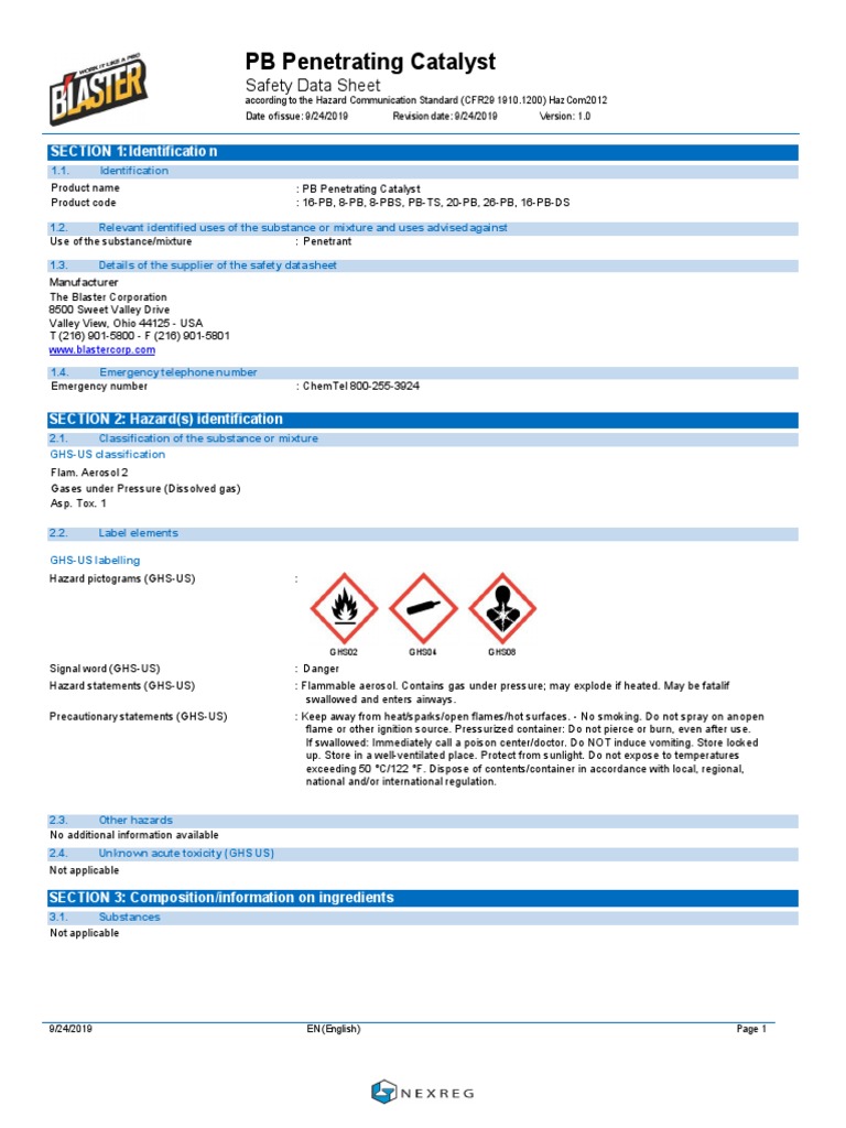 PB Penetrating Catalyst: Safety Data Sheet | PDF | Firefighting | Toxicity