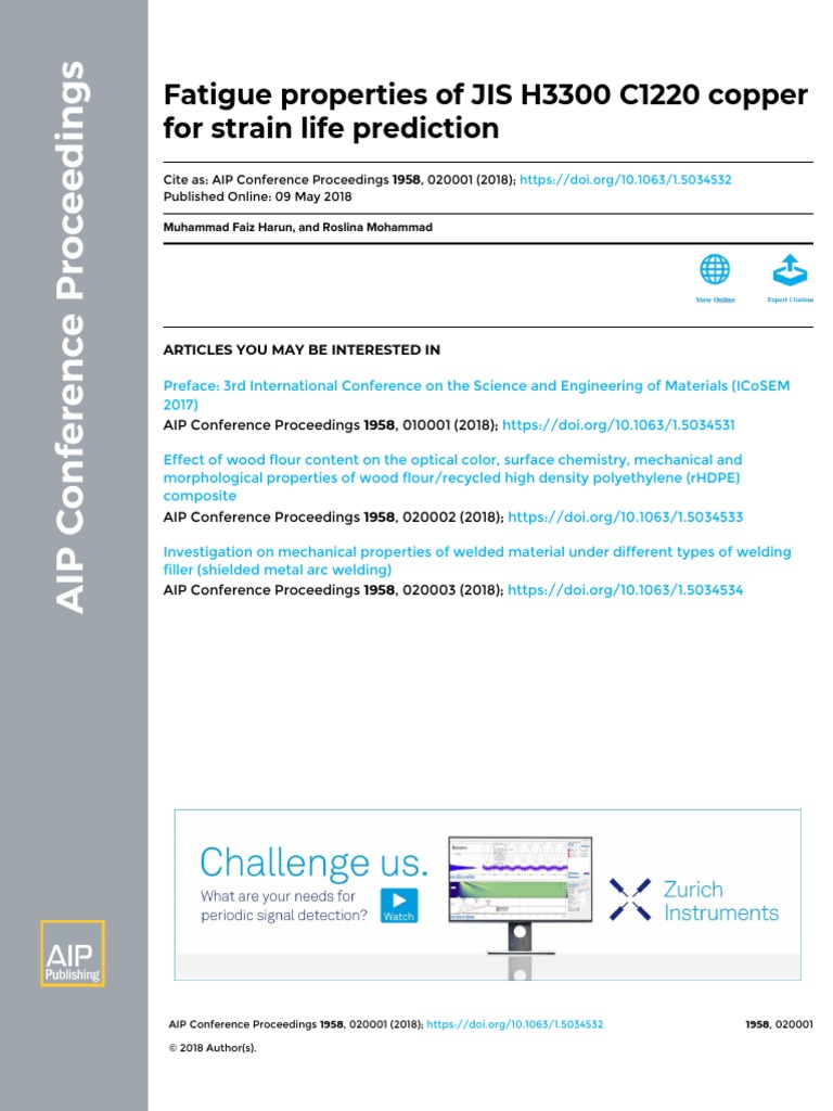 Fatigue Properties of JIS H3300 C1220 Copper For Strain Life Prediction ...