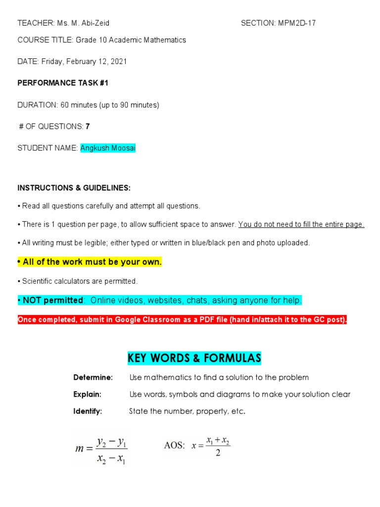 Angkush Moosai - Mpm2d (q3) Performance Task #1 | PDF | Equations | Teaching Mathematics