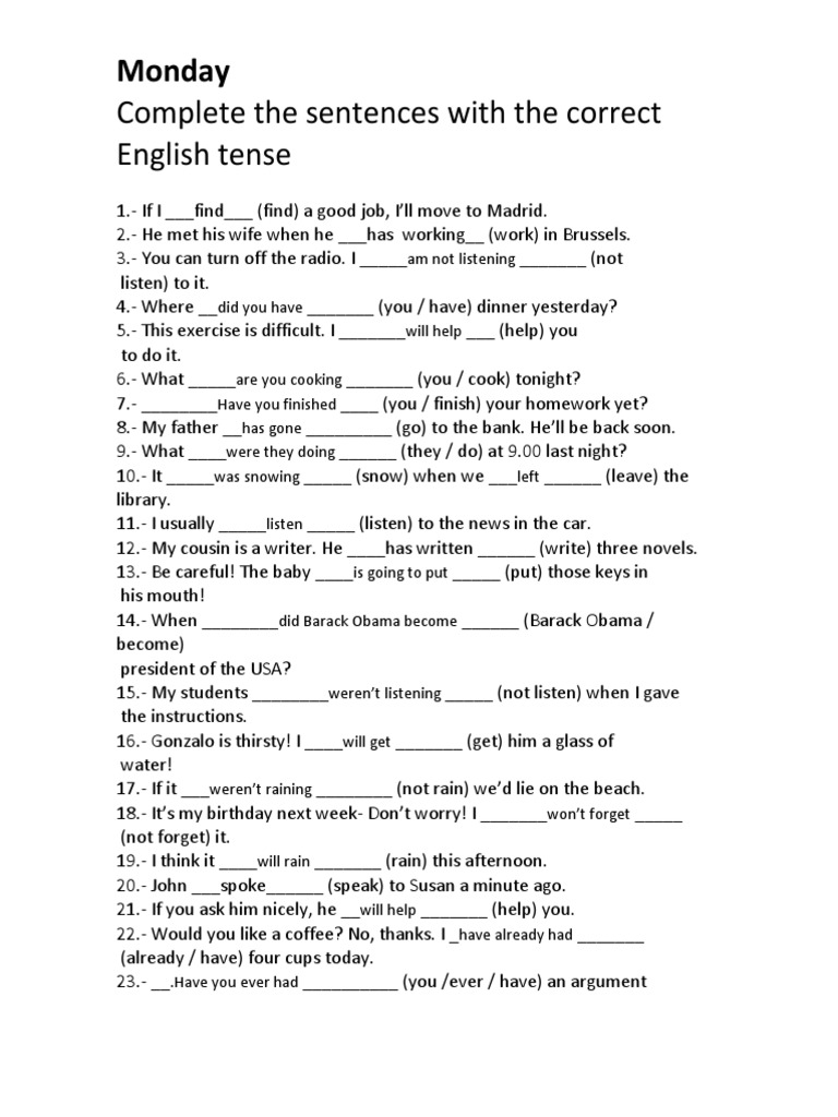 Complete The Sentences With The Correct English Tense | PDF