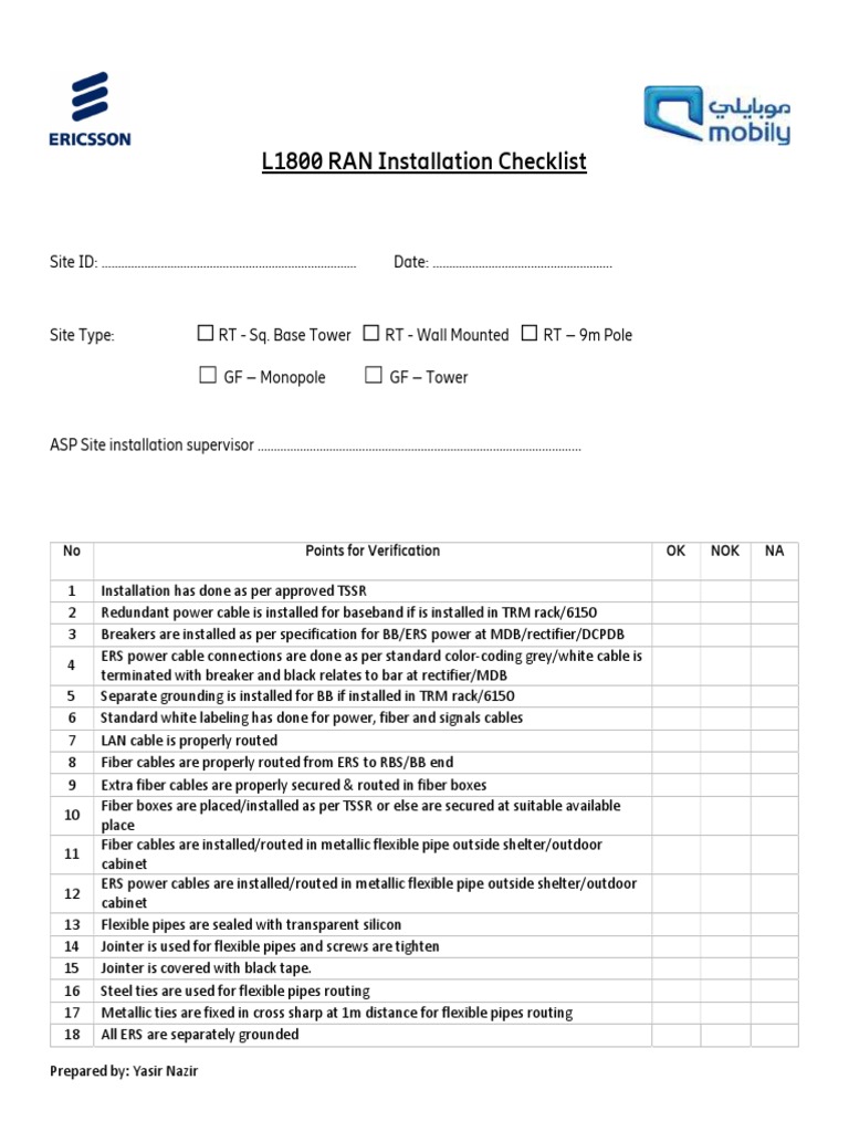 L1800 RAN Installation Verification Checklist | PDF | Pipe (Fluid ...