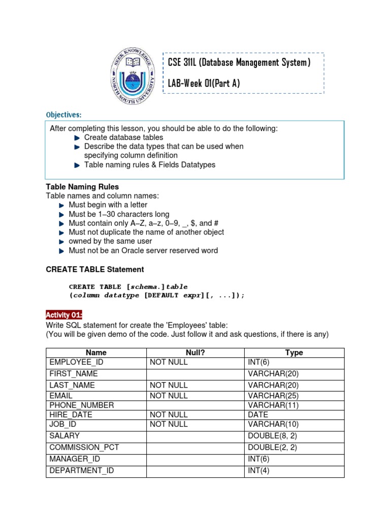 CSE 311L (Database Management System) LAB-Week 01 (Part A) : Objectives | PDF | Table (Database ...