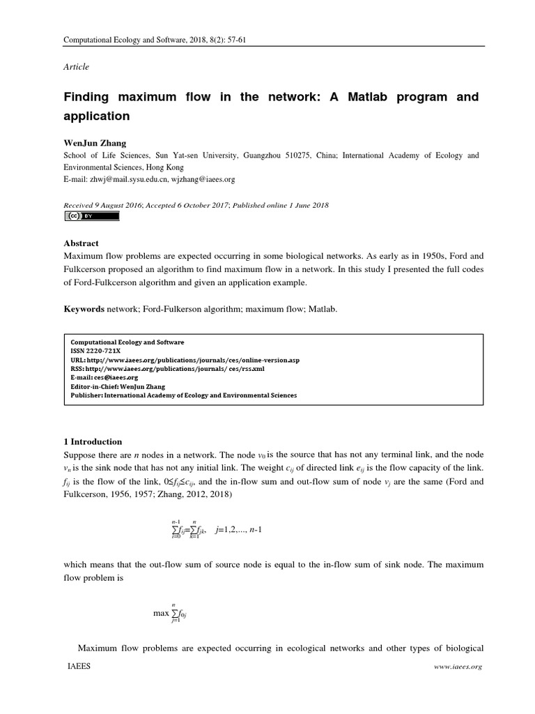 Finding M In The Network A Matlab Program And Application Aximum Flow Pdf Algorithms