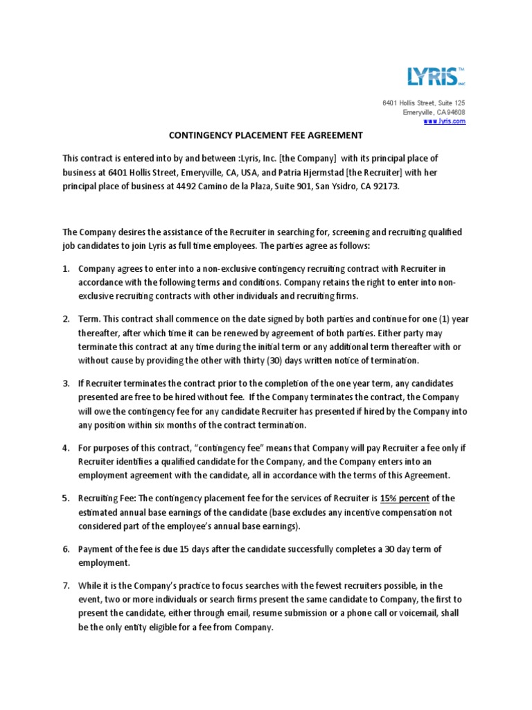 Contingency Placement Fee Agreement | Download Free PDF | Recruitment ...
