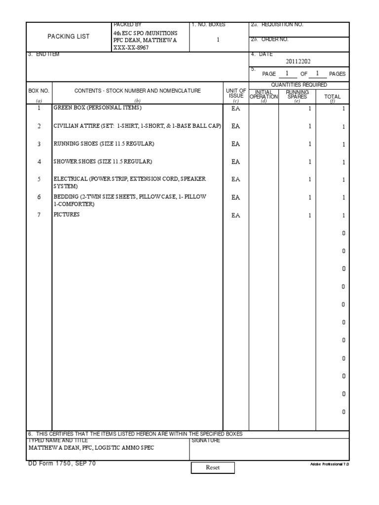 Military Packing List Template | PDF