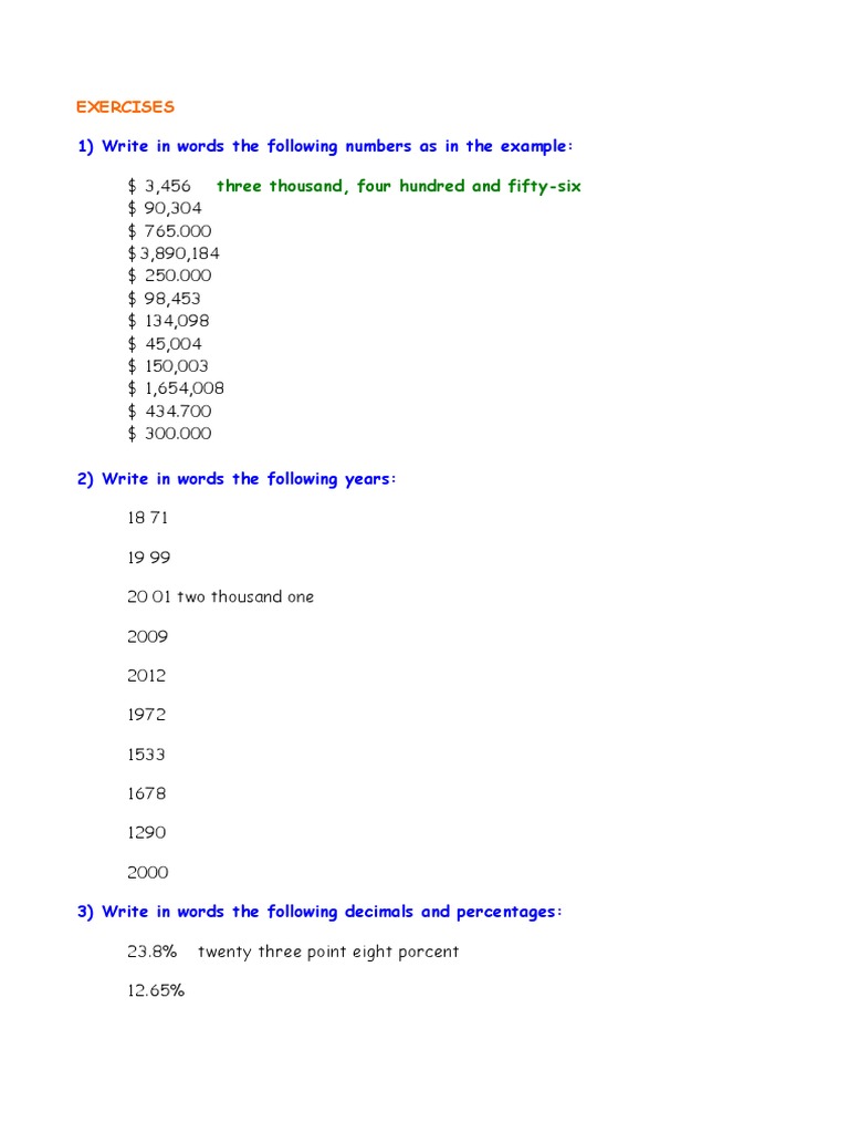 Three Thousand, Four Hundred and Fifty-Six: 1) Write in Words The ...