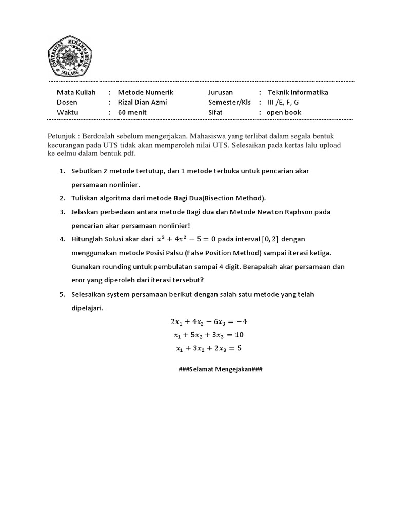 UTS Metode Numerik | PDF | Metode & Bahan Ajar | Sains & Matematika