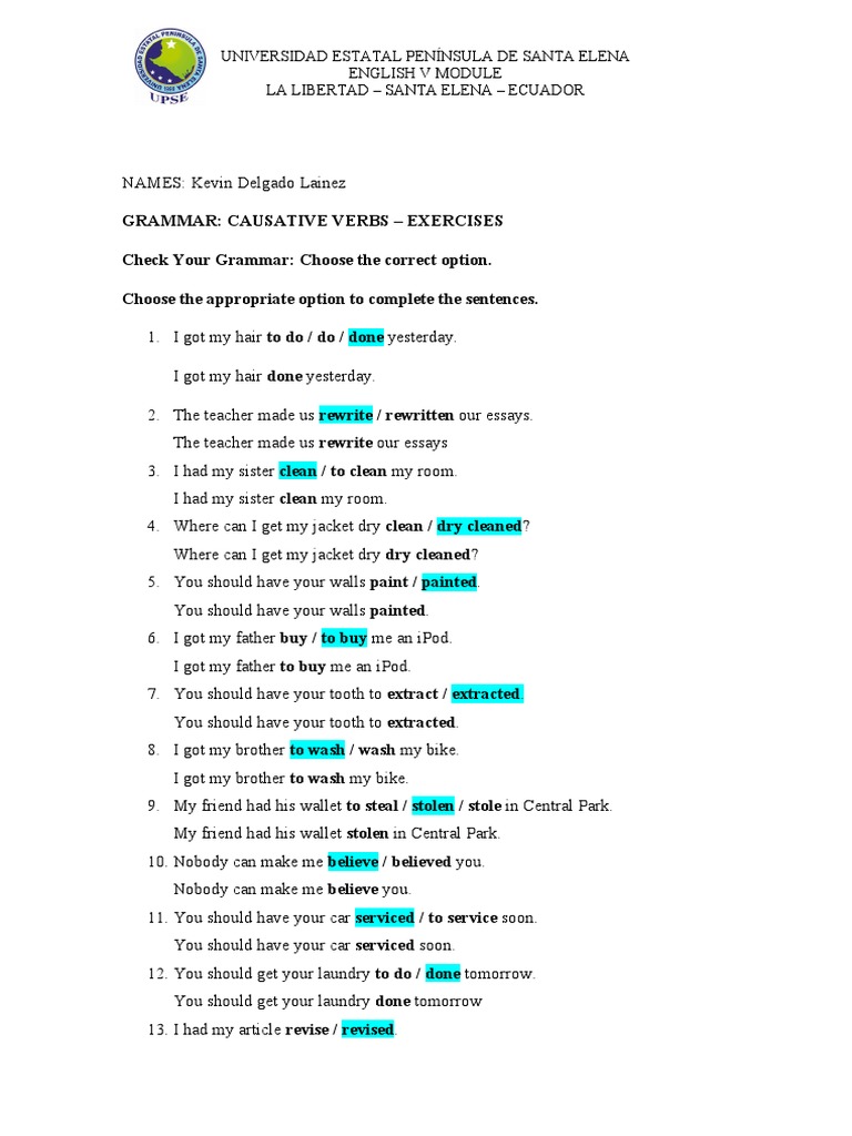 Grammar: Causative Verbs - Exercises Check Your Grammar: Choose The ...