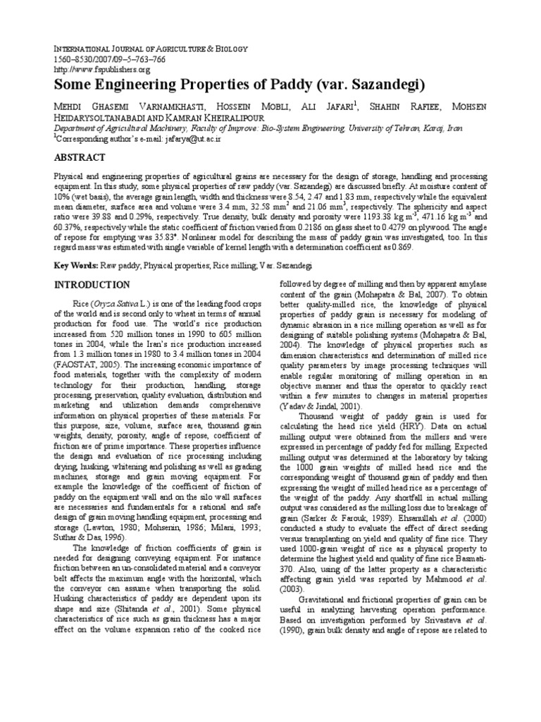 Engineering Properties of Paddy | PDF | Density | Rice